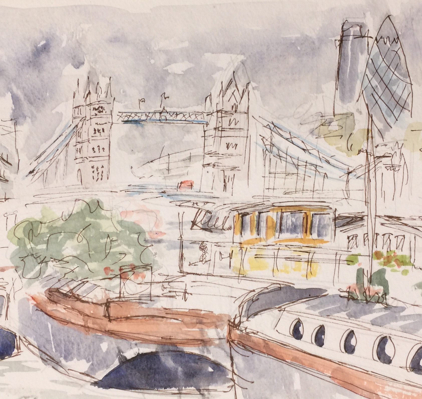 Barges Tower Bridge (watercolour) £60 | Drawing London